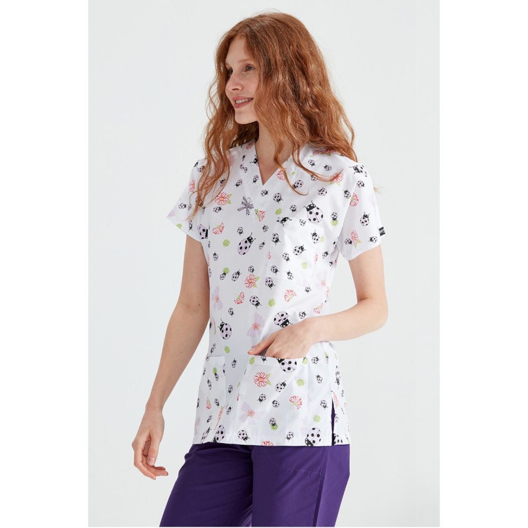 Unisex Ladybug Patterned Scrub Top Only, V Neck Nurse Scrub Top ...