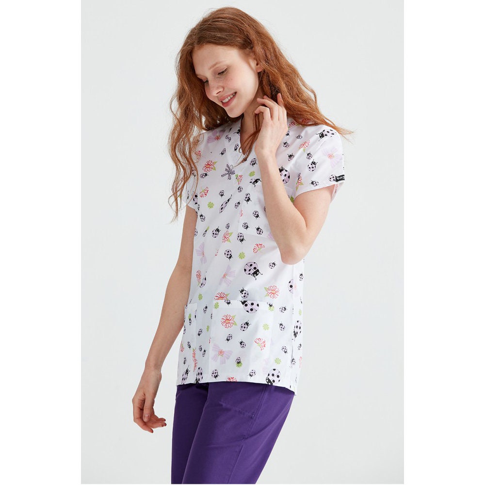 Unisex Ladybug Patterned Scrub Top Only, V Neck Nurse Scrub Top ...