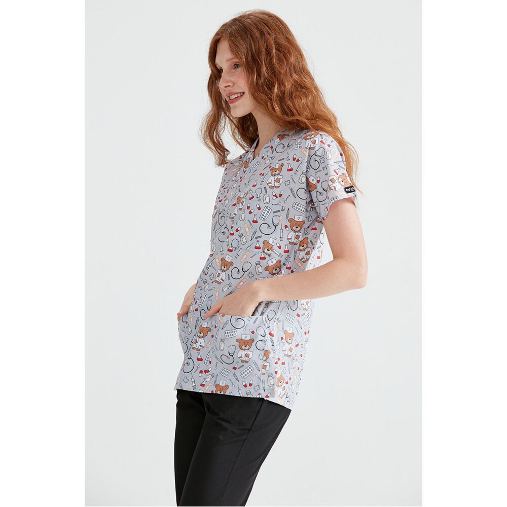 Unisex Teddy Bear Patterned Scrub Top Only, V Neck Nurse Scrub Top ...