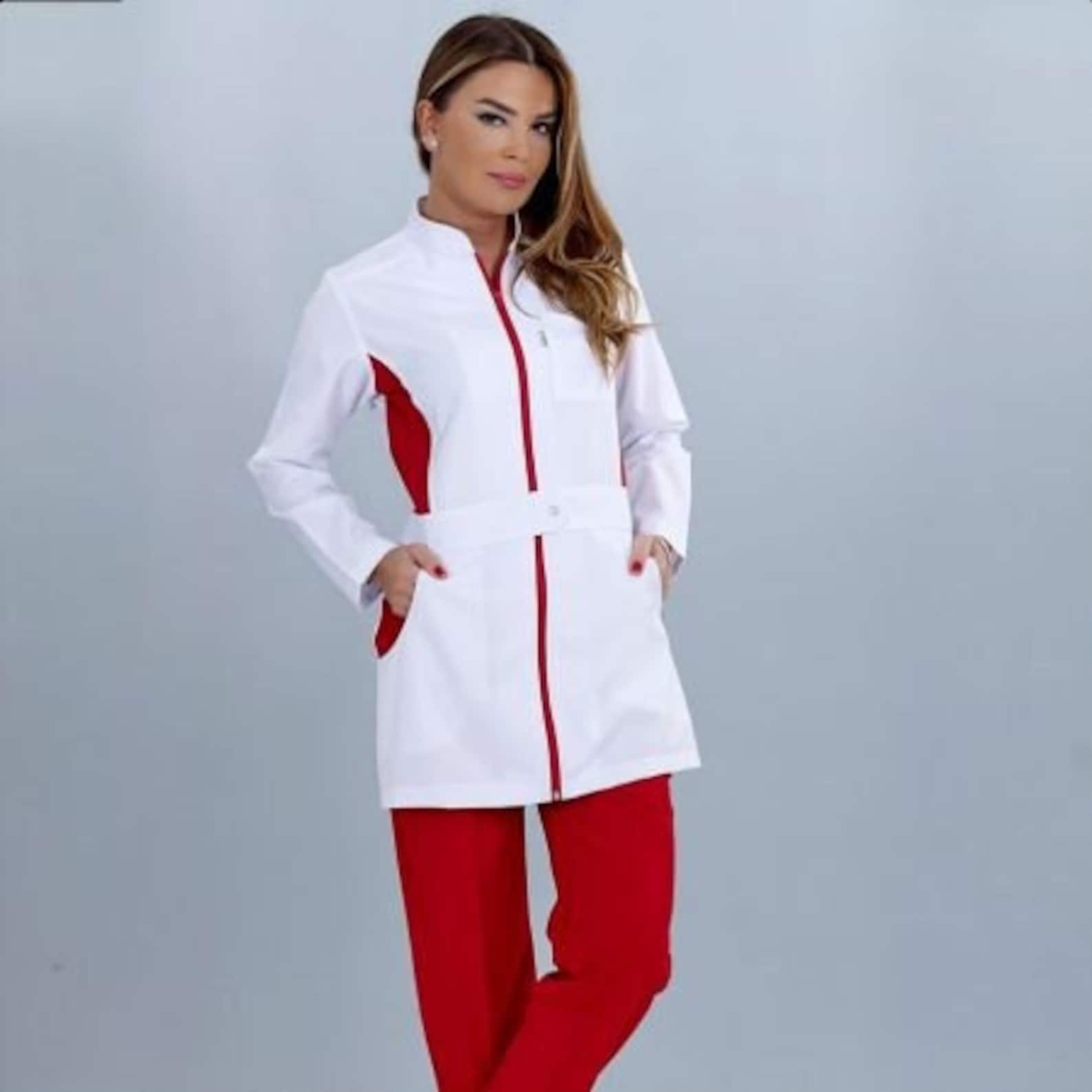 XL White Long Sleeve Scrub Set, Zip up Nurse Scrub, Medical Scrub ...