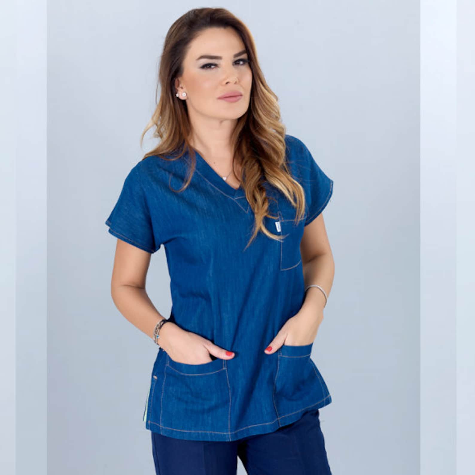 Real Jean Denim Scrub Set, V Neck Scrub Set, Comfortable RN MSN Medical ...