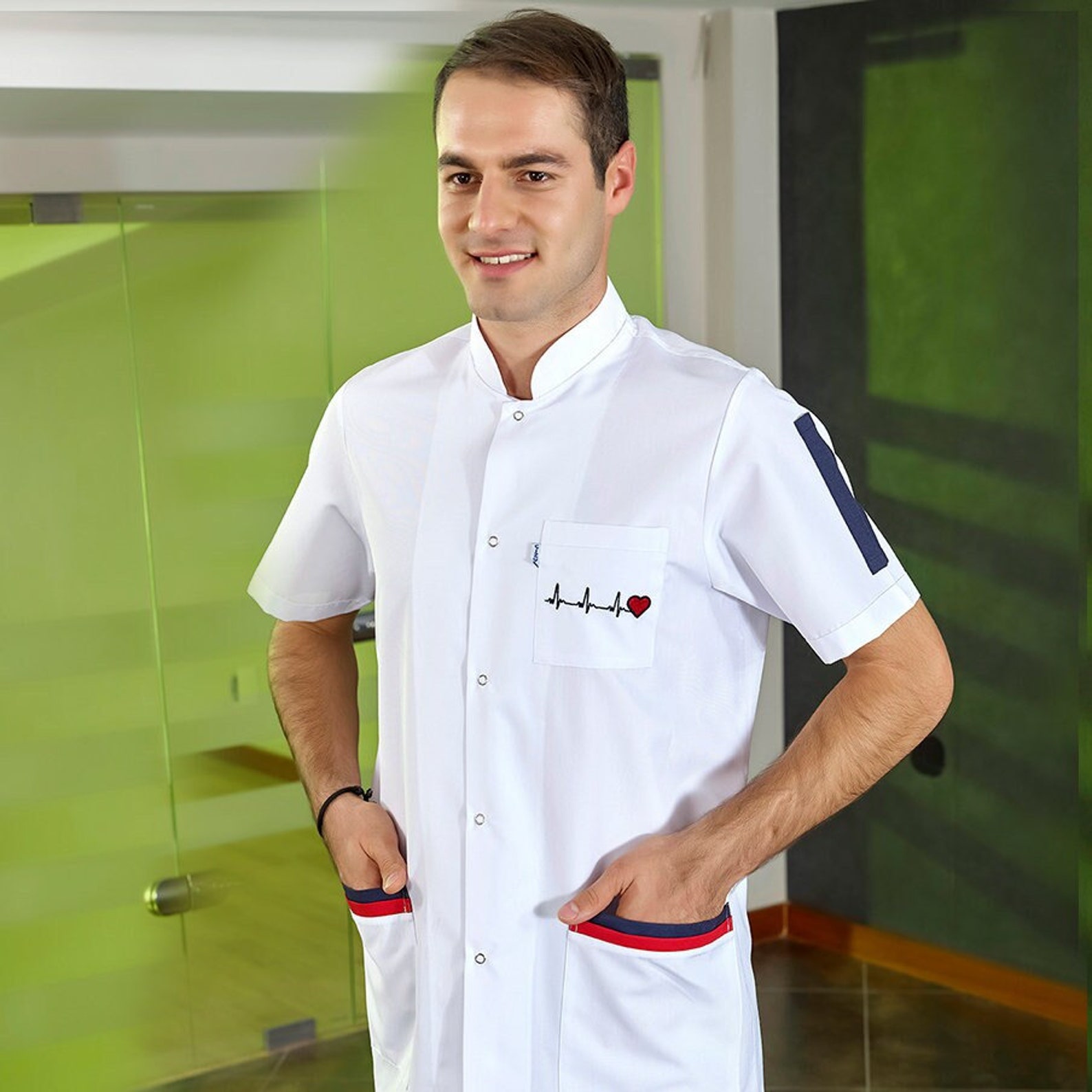 Men's Medical White Short Sleeves Embroidered Judge Collar Coat, Doctor ...