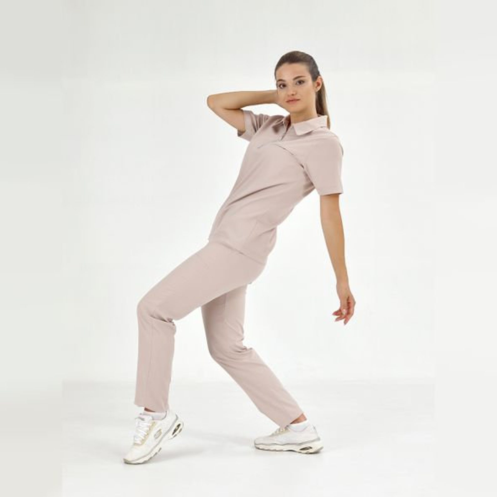 Experience Ultimate Comfort: Cream Beige Polo Unisex Medical Scrub Set ...