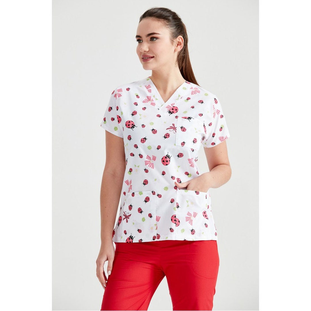 Unisex Ladybug Patterned Dental Scrub Top Only, V Neck Nurse Scrub Top ...