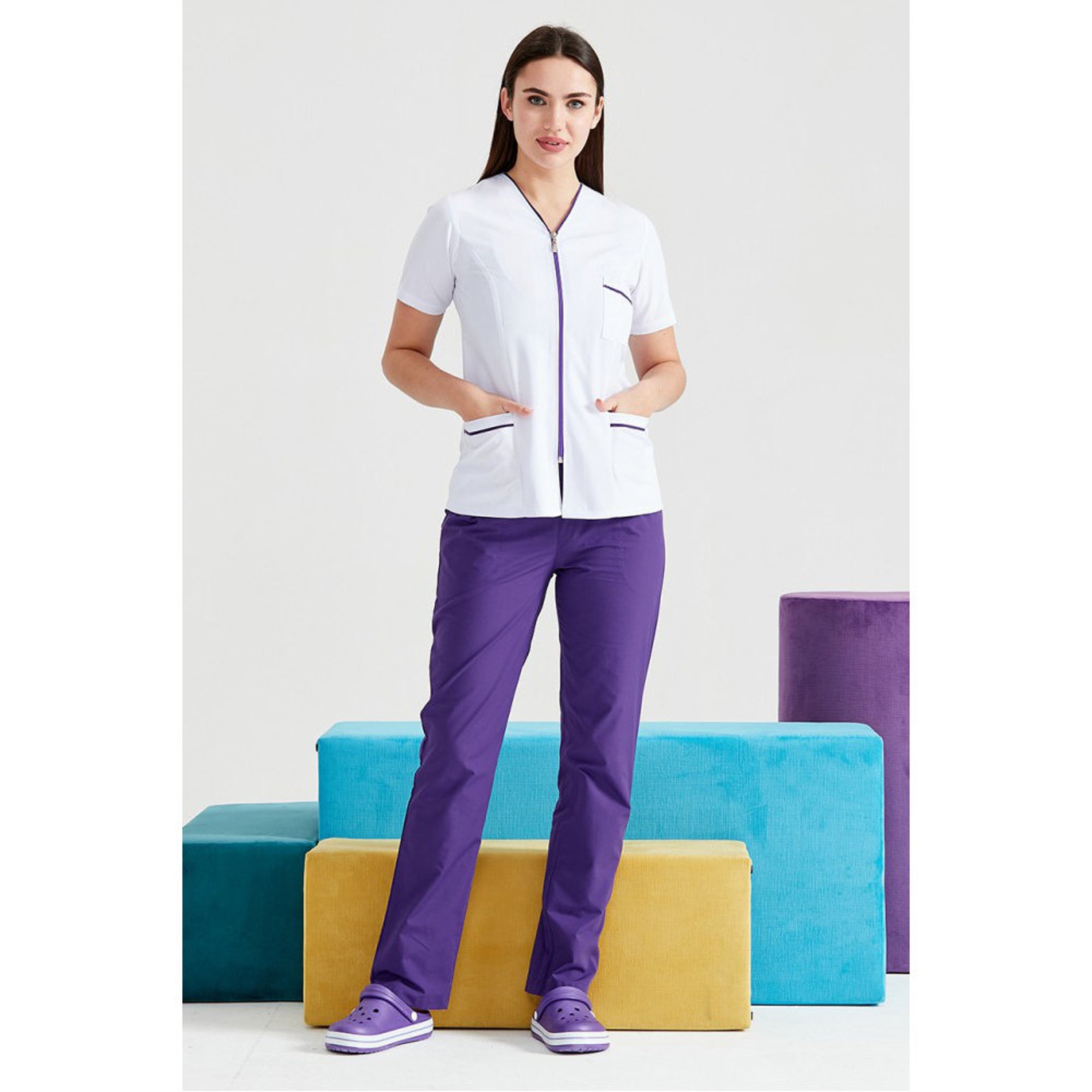 Trimmed White Scrub Set, Nurse Scrub With Zip, Medical Scrub, Women's ...