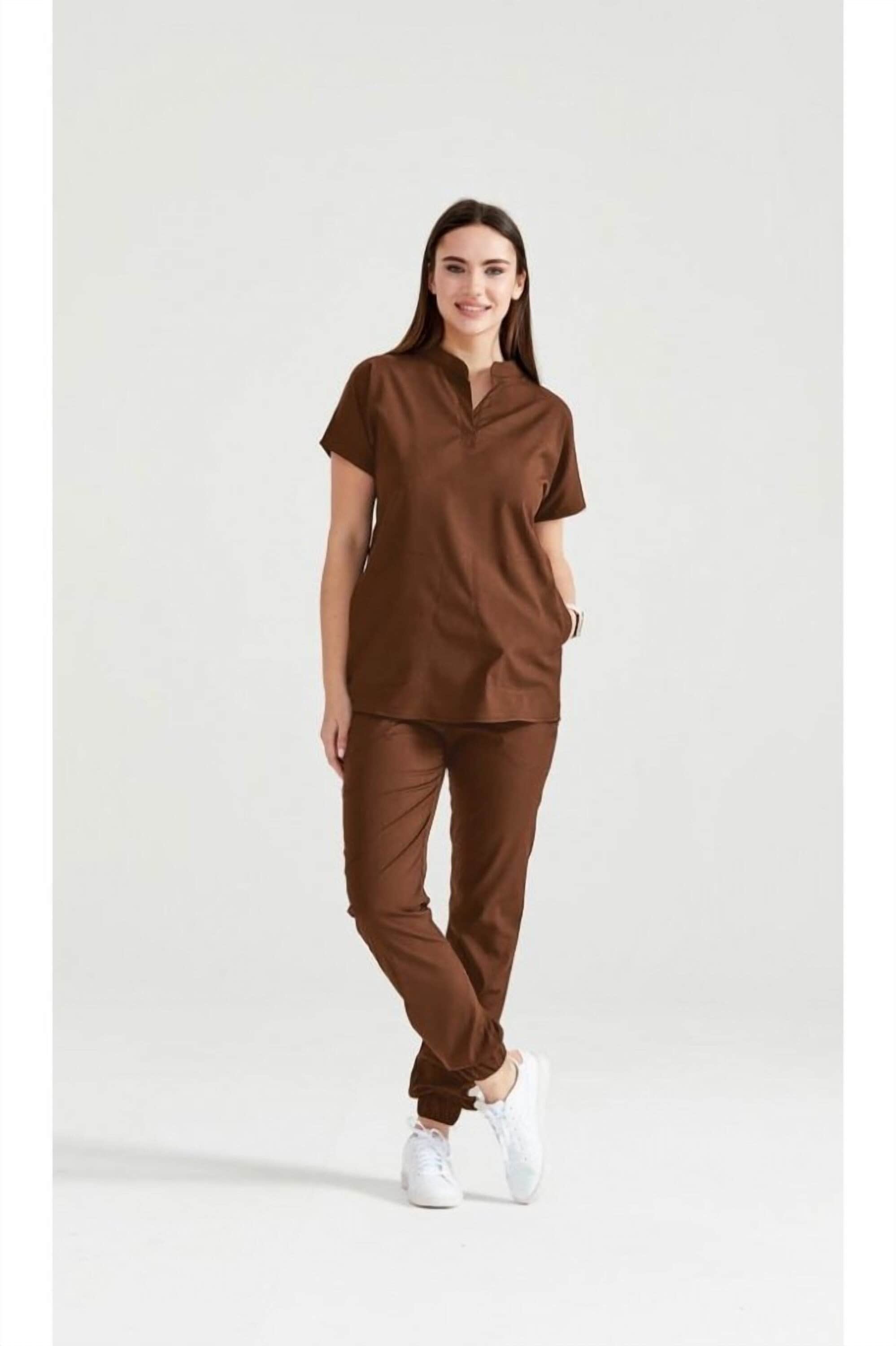 Brown Scrub Set, Judge Neck Nurse Scrub, Medical Women's Scrub Set ...