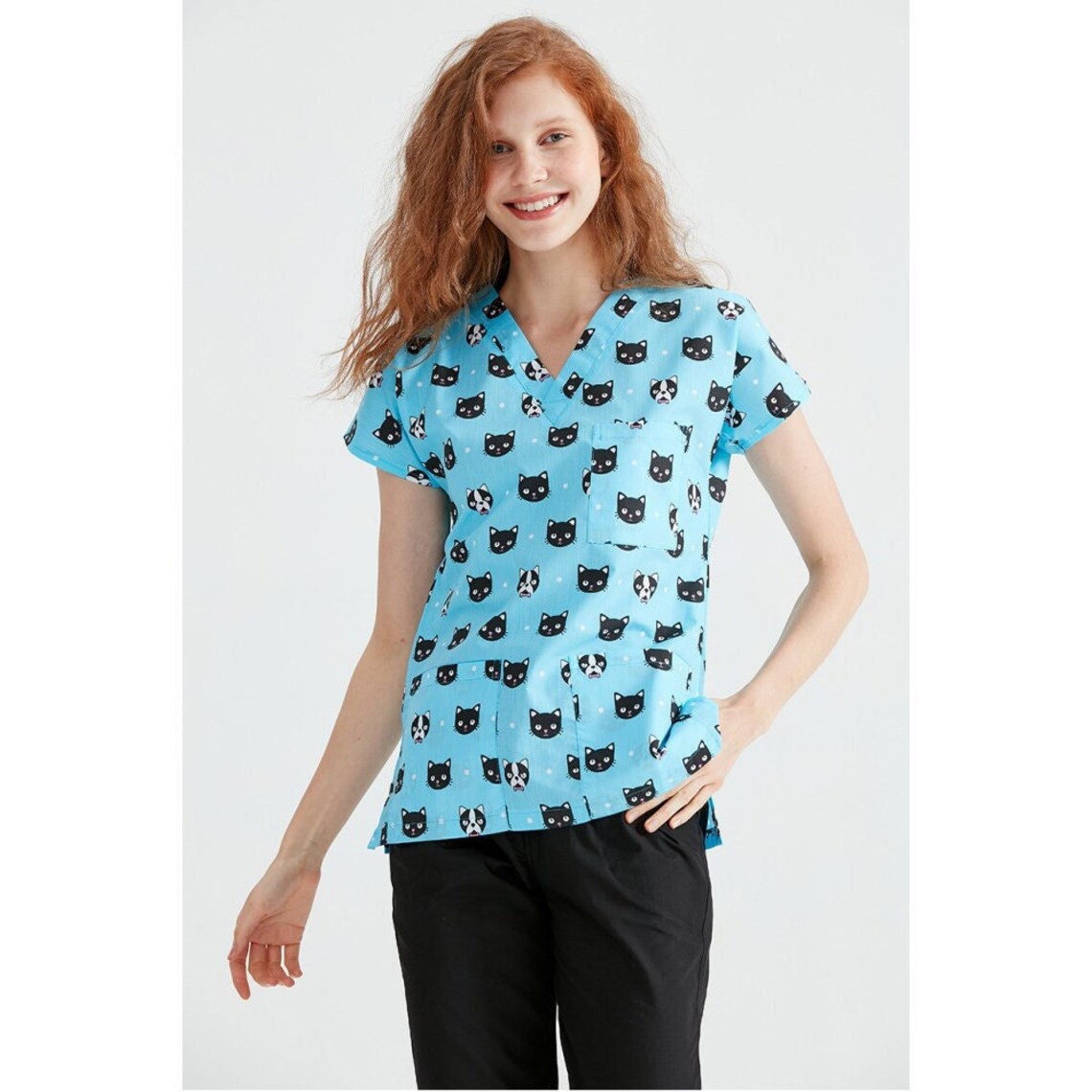 Unisex Cat Patterned Scrub Top Only, V Neck Nurse Scrub Top, Medical ...