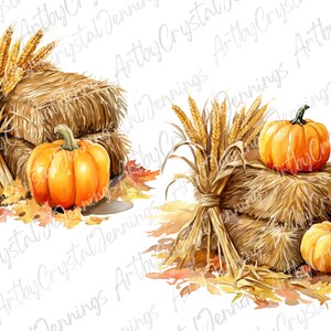 Watercolor Pumpkin Hay Bale PNG: Autumn Thanksgiving Clipart (digital ...