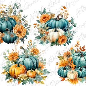 Autumn Teal Pumpkin Fall Watercolor Thanksgiving Fall Decor Instant ...
