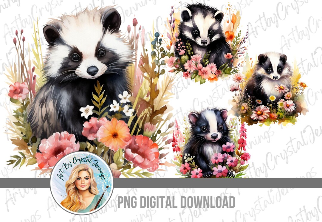 Adorable Watercolor Skunk With Flowers Instant Download, Animal Art ...