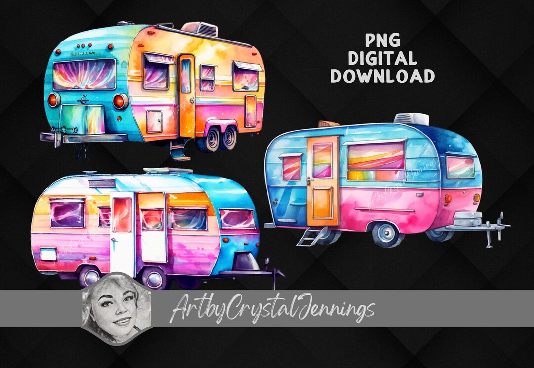 Colorful Vintage Camper Design, Watercolor Camping Instant Download ...