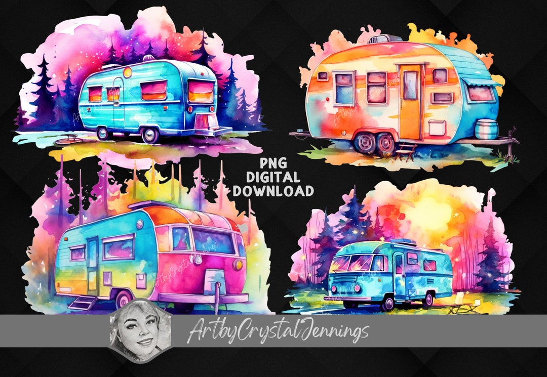 Watercolor Vintage Camper PNG: Retro Camping Clip Art (digital Download ...