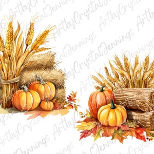Watercolor Pumpkin Hay Bale PNG: Autumn Thanksgiving Clipart (digital ...