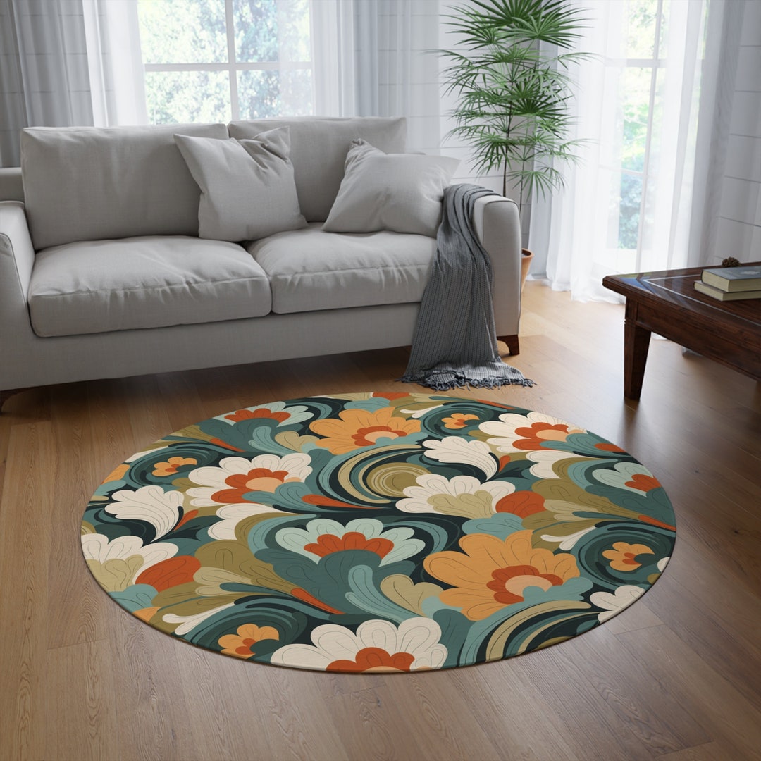 Colorful Retro Wavy 60 Round Rug, Area Rug, Interior Design Rug, Home ...