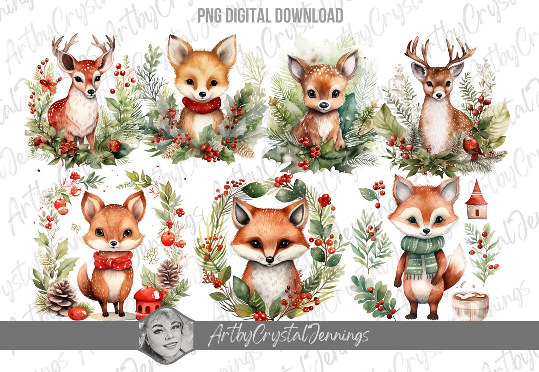 Christmas Woodland Animals, Watercolor Holiday Animals Instant Download ...