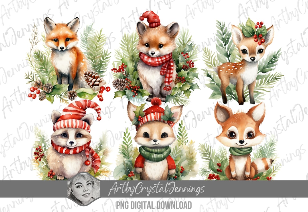 Christmas Woodland Animals, Watercolor Holiday Animals Instant Download ...