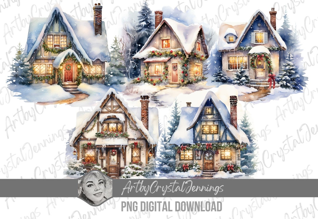 Christmas House, Watercolor Home, Holiday House Instant Download Winter ...