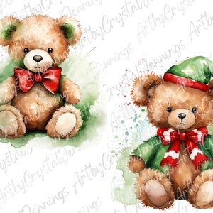 Christmas Teddy Bear, Watercolor Instant Download Holiday PNG DIGITAL ...