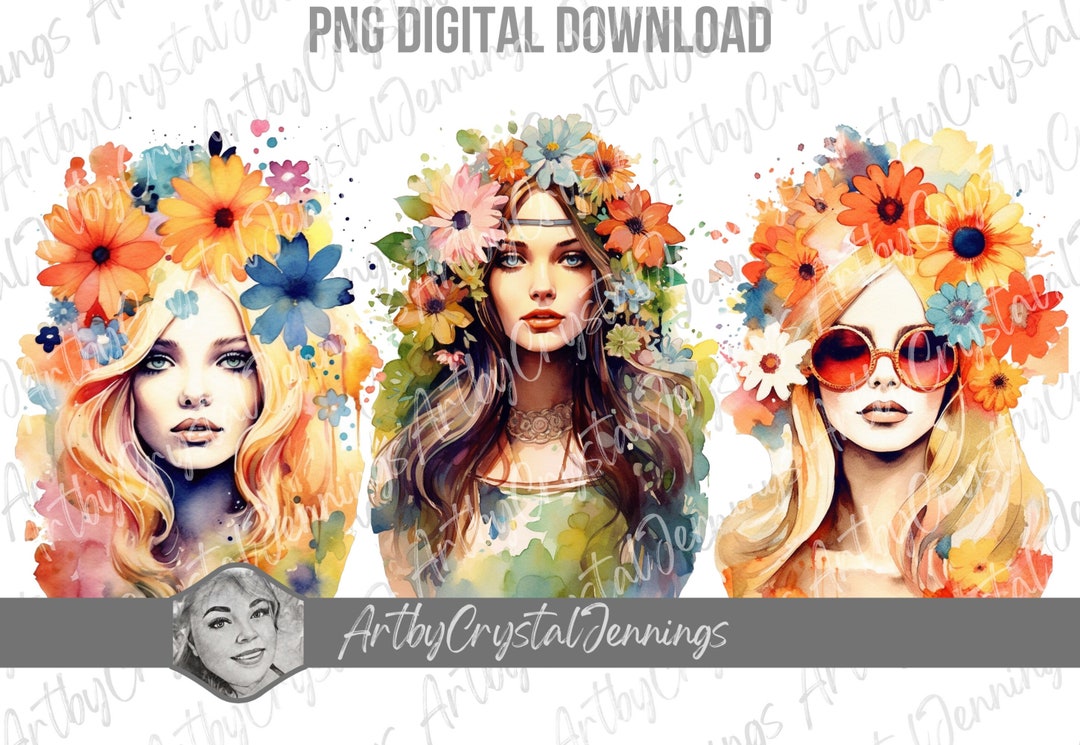 Hippie Women PNG DIGITAL DOWNLOADS Hippie Design Gift, Watercolor Woman ...