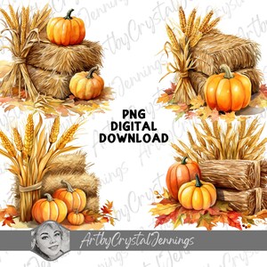 Watercolor Pumpkin Hay Bale PNG: Autumn Thanksgiving Clipart (digital ...