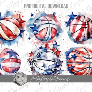 Patriotic American Basketball, Watercolor Red White & Blue Instant ...