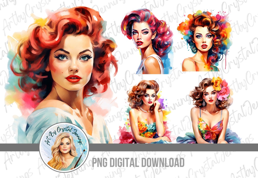 Beautiful Colorful Pin up Girl Watercolor Instant Download, PNG DIGITAL ...