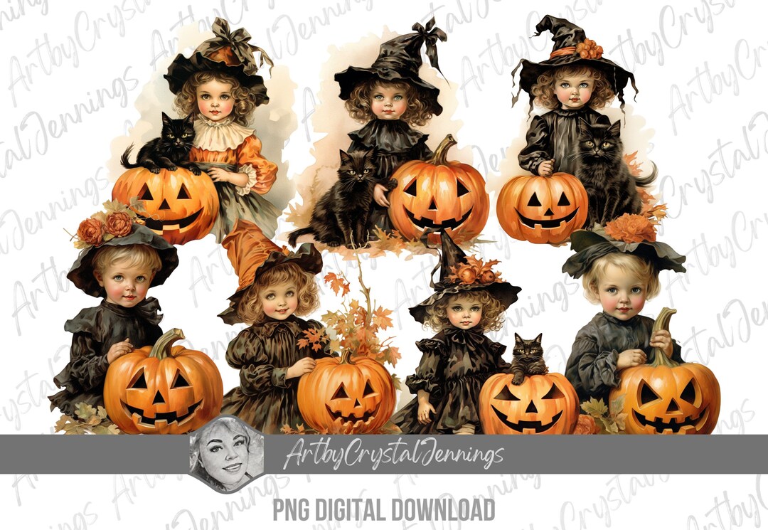 Vintage Halloween Little Witch Girl Watercolor Instant Download PNG ...