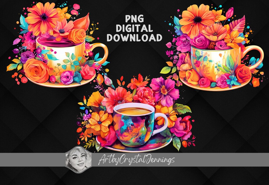 Colorful Floral Coffee Design, Watercolor Coffee Mug Instant Download ...
