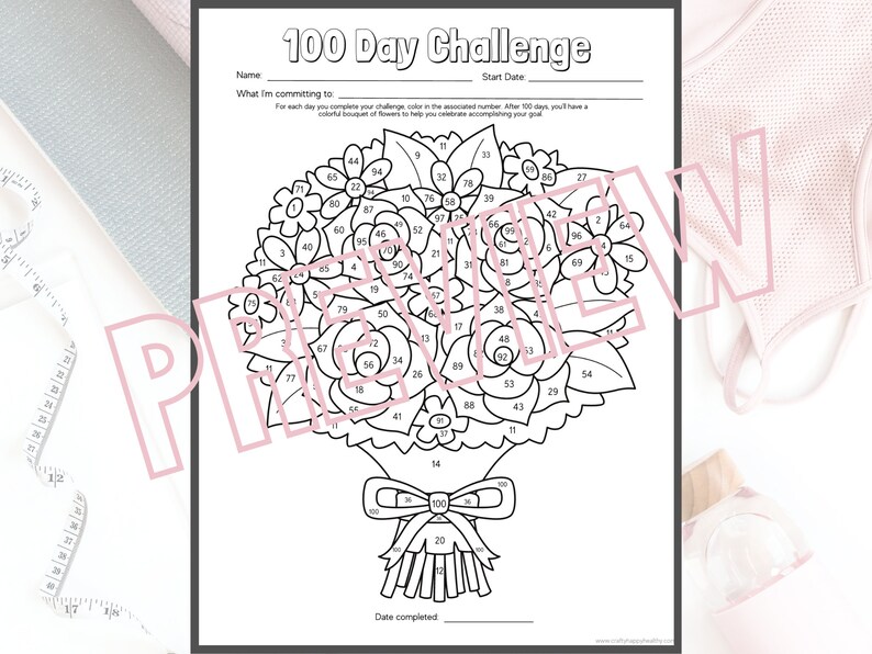 100 Day Challenge Coloring Page | 100 Day Goal | Flower Bouquet ...
