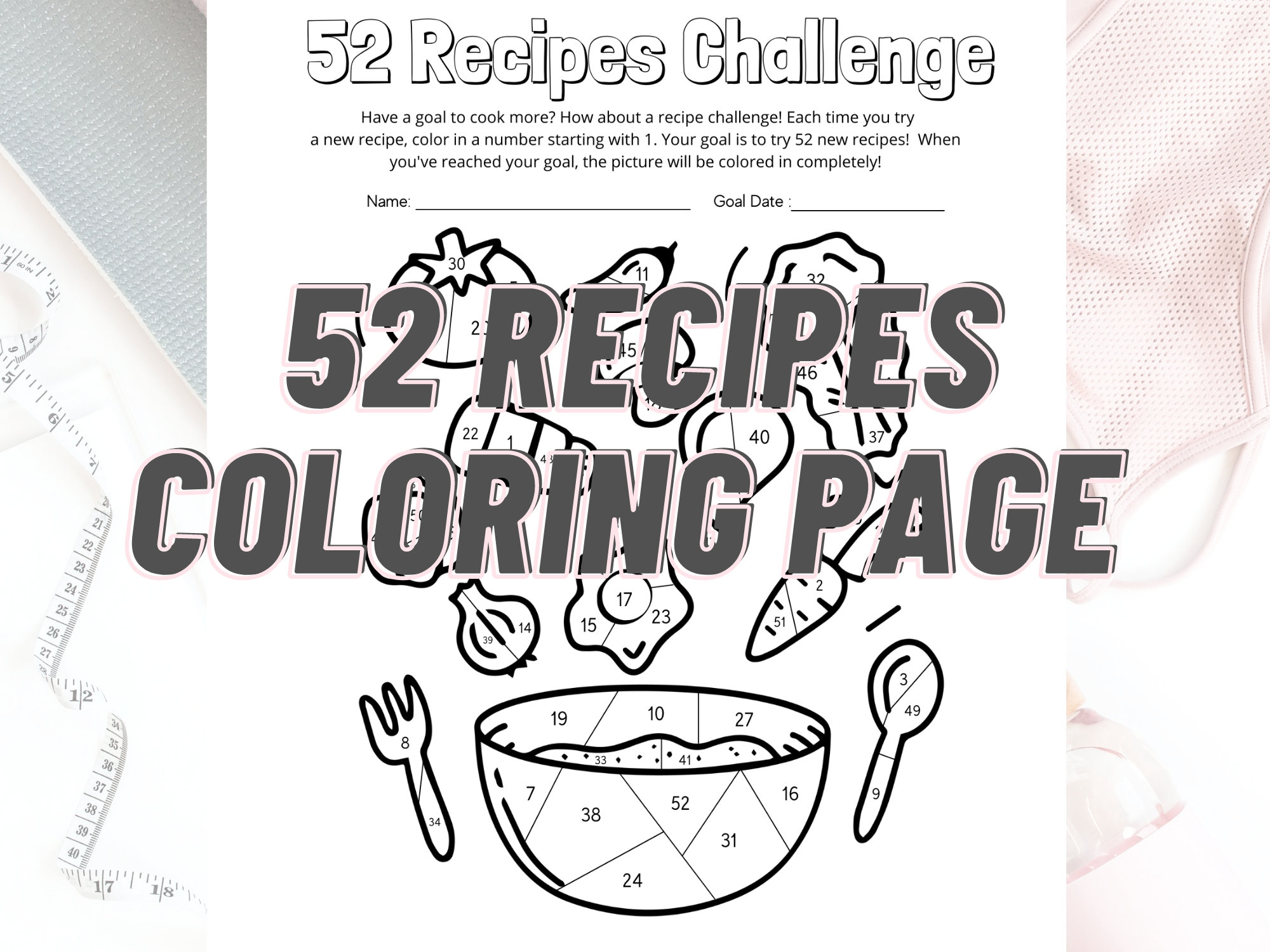 52 Recipes Challenge Coloring Page | Cooking Goals 52 Recipes | Food ...