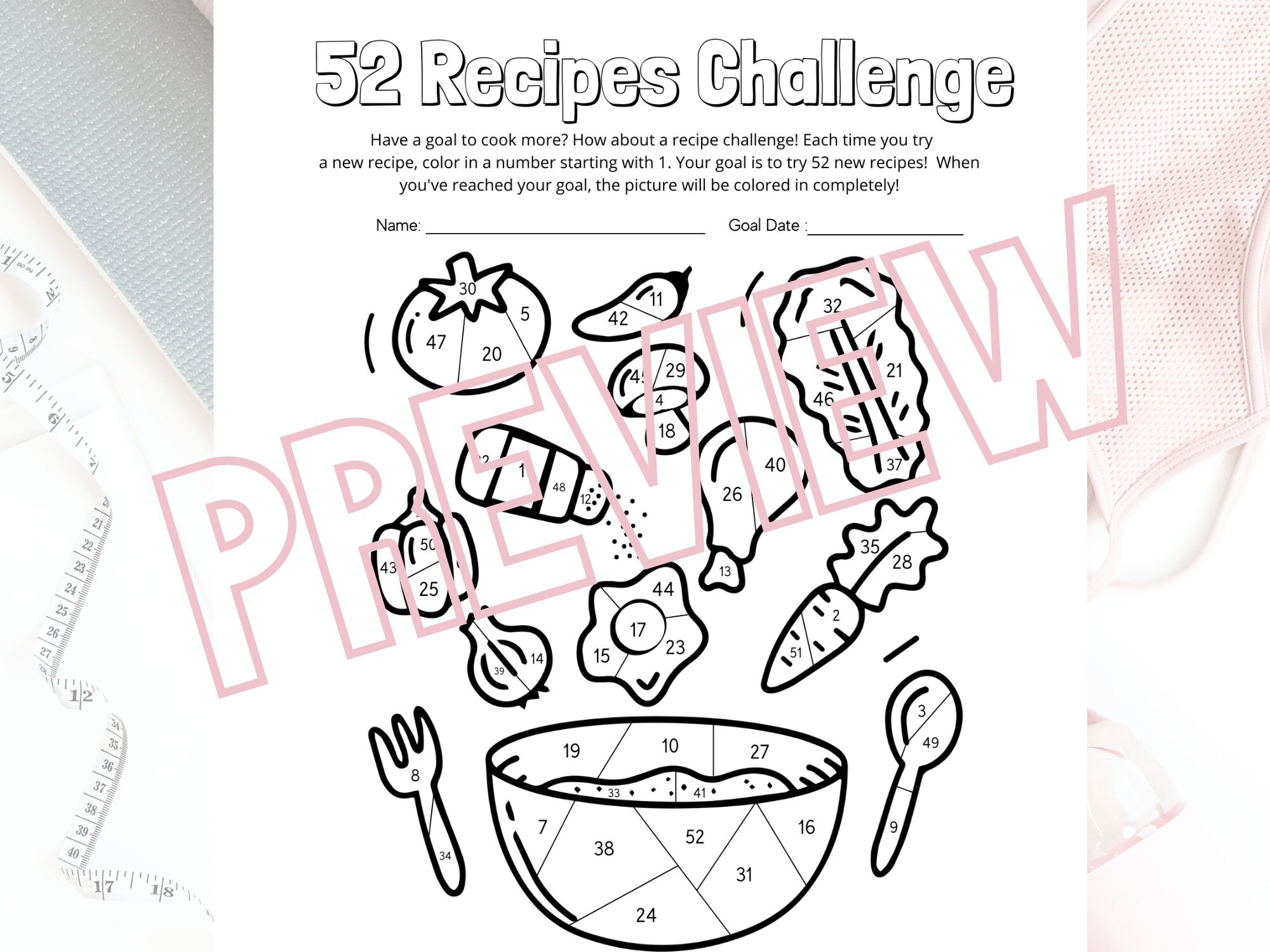 52 Recipes Challenge Coloring Page | Cooking Goals 52 Recipes | Food ...