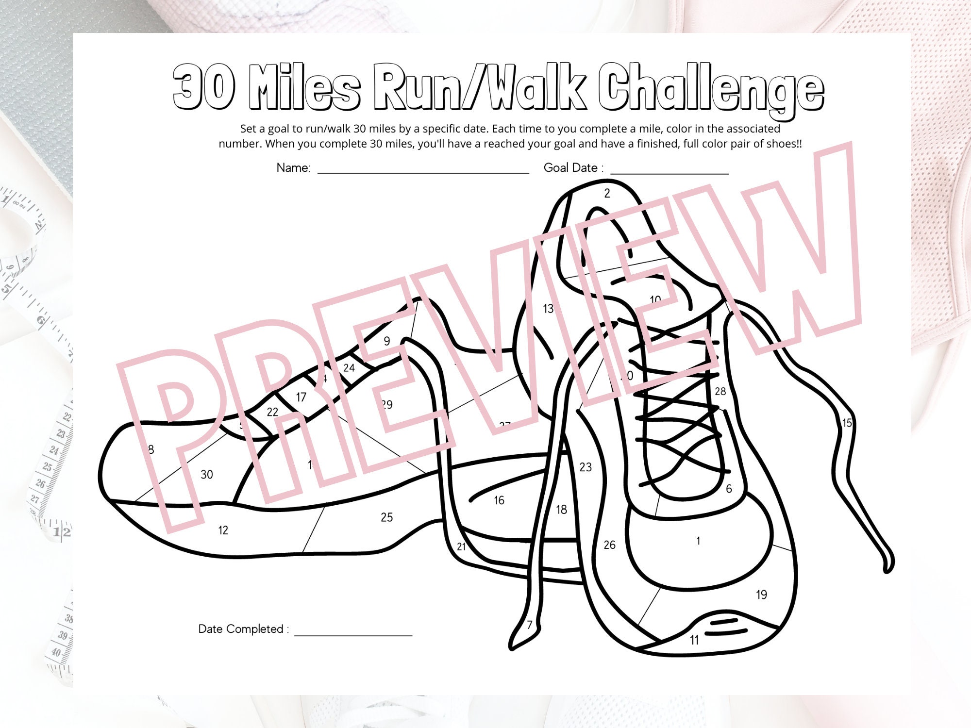 30 Miles Challenge Coloring Page | Walk/run Goals 30 Miles | Shoes ...