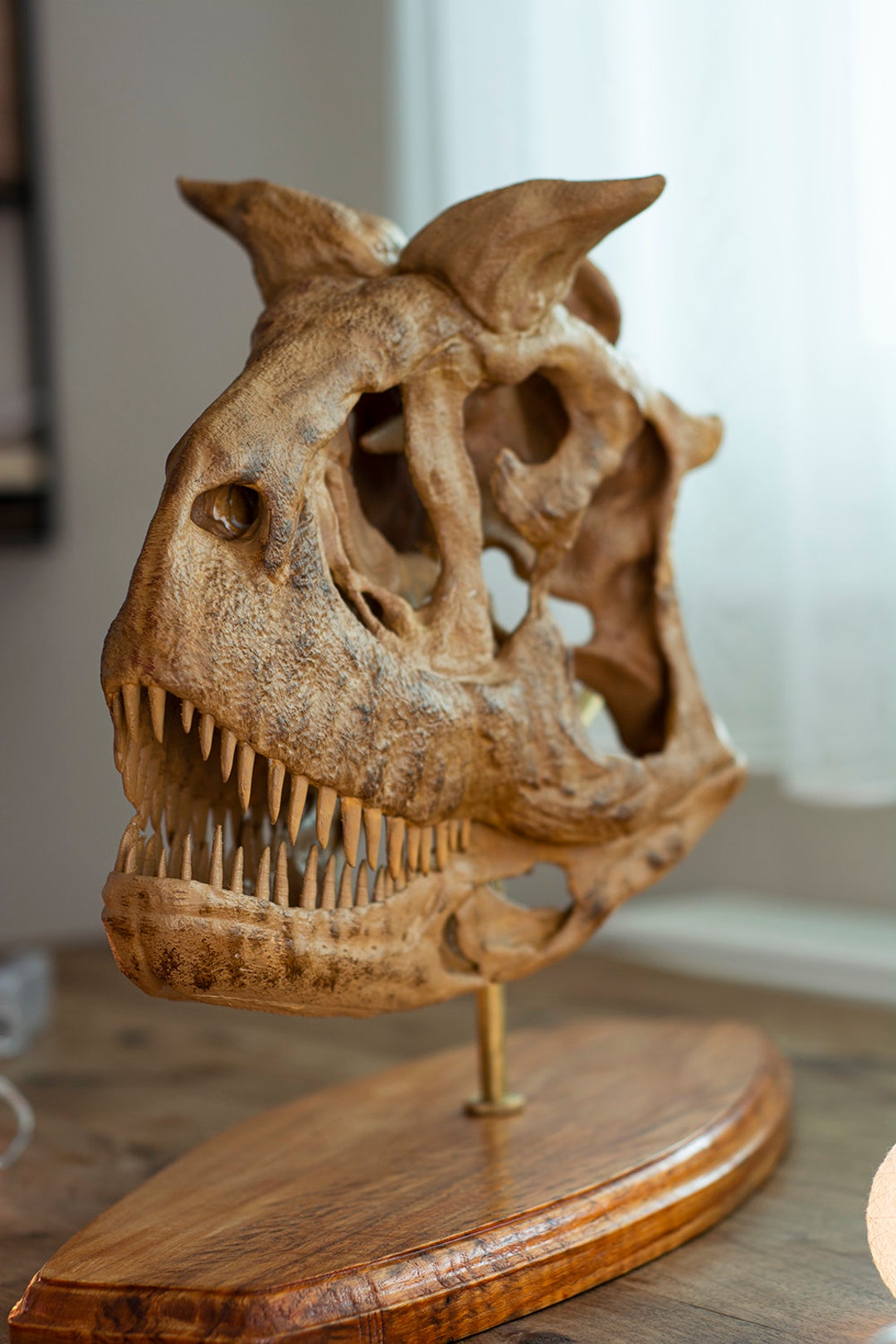Carnotaurus Skull Replica Sculpture From Real Fossil Wooden Base, Brass ...