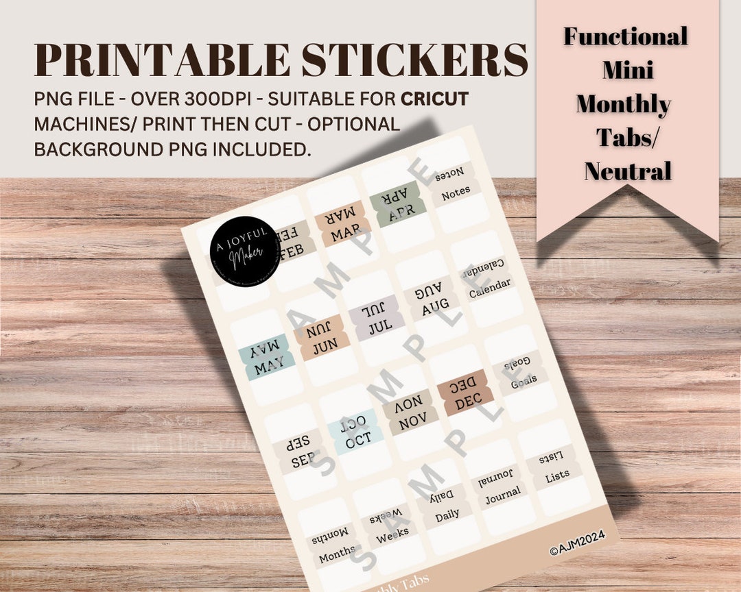 Neutral Monthly & Planner Tabs Printable Stickers/ PNG/ Print at Home ...