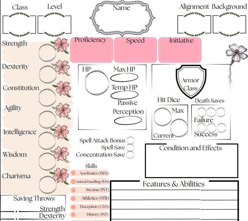Flower Themed D&D Character Sheet Digital Download - Etsy