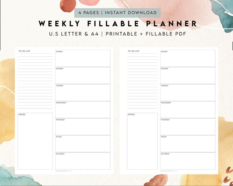 Blank Weekly Fillable Schedule Planner, Printable, Black & White, A4, U ...