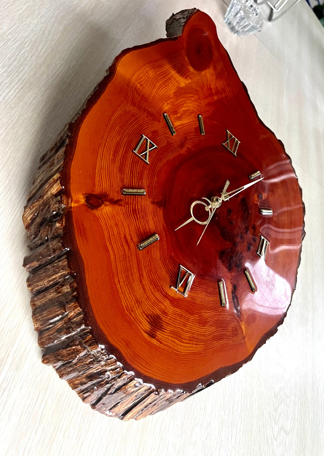 Solid Wood Slab Wall Clock Handmade Gold Roman Numerals Satin Finish - Etsy