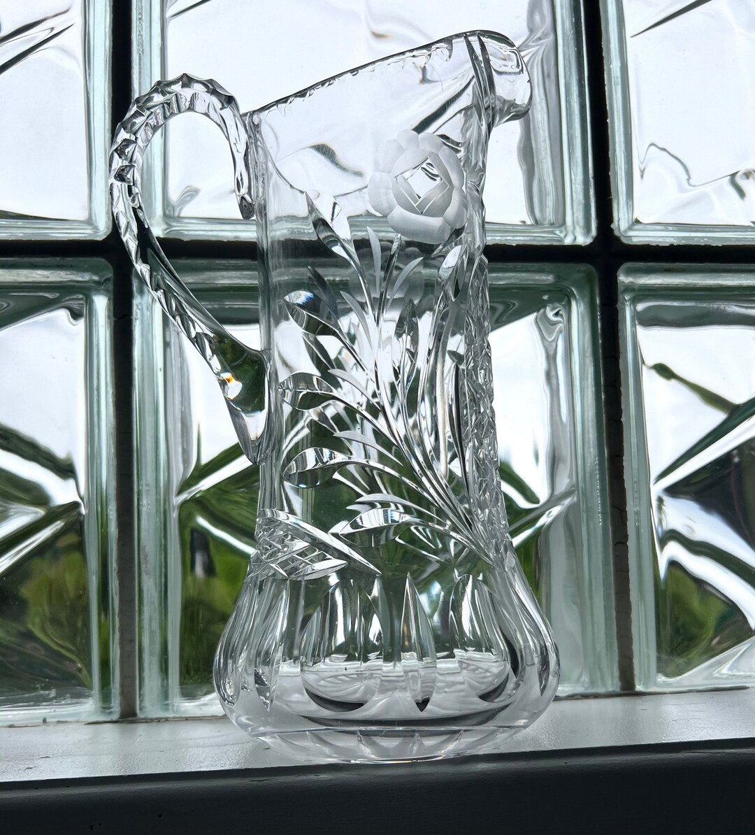 Amazing Large Lead Crystal American Brilliant Cut Pitcher Etched Rose's ...