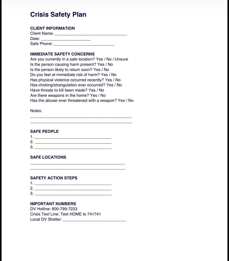 Crisis Safety Plan Forms - Etsy