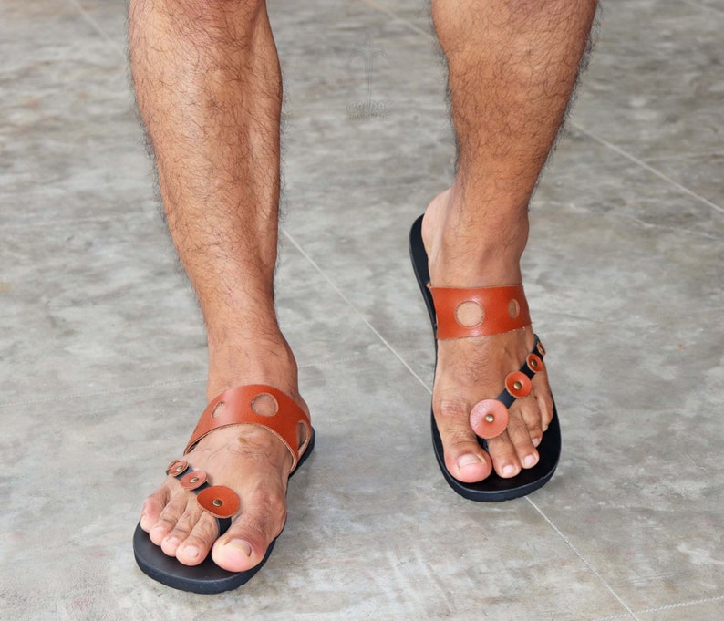 Men Slides Leather Sandals, Flat Sandals for Men, Barefoot Gay Sandal ...