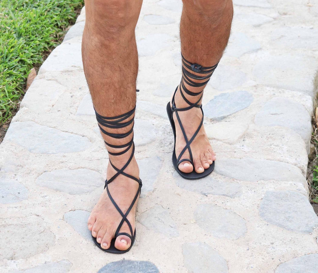 Lace up Men Sandals Toe Ring Greek Sandals Barefoot Strappy Sandals for ...