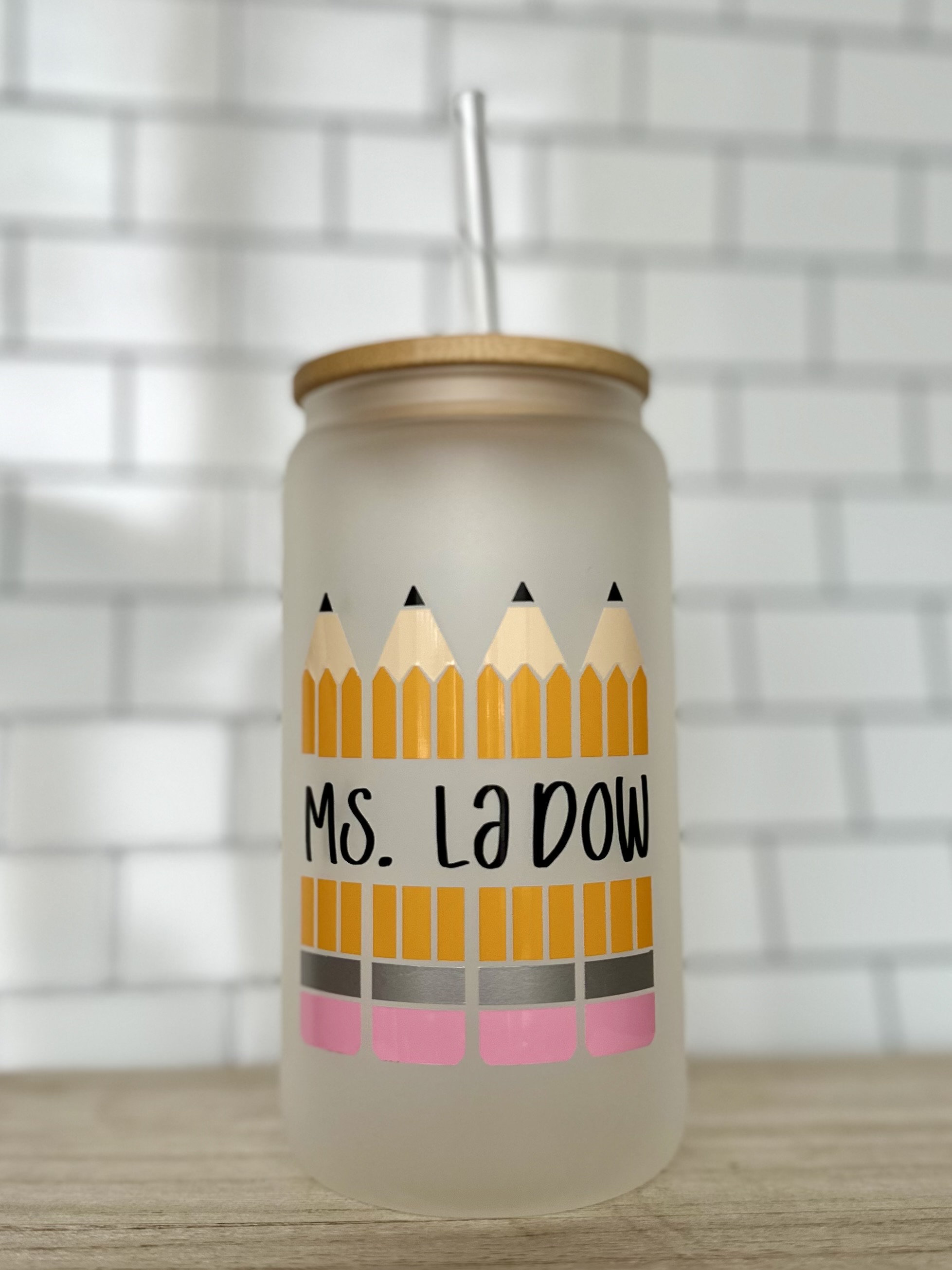 Teacher Frosted Libby Glass Can Iced Coffee Cup With Glass Straw Bamboo ...