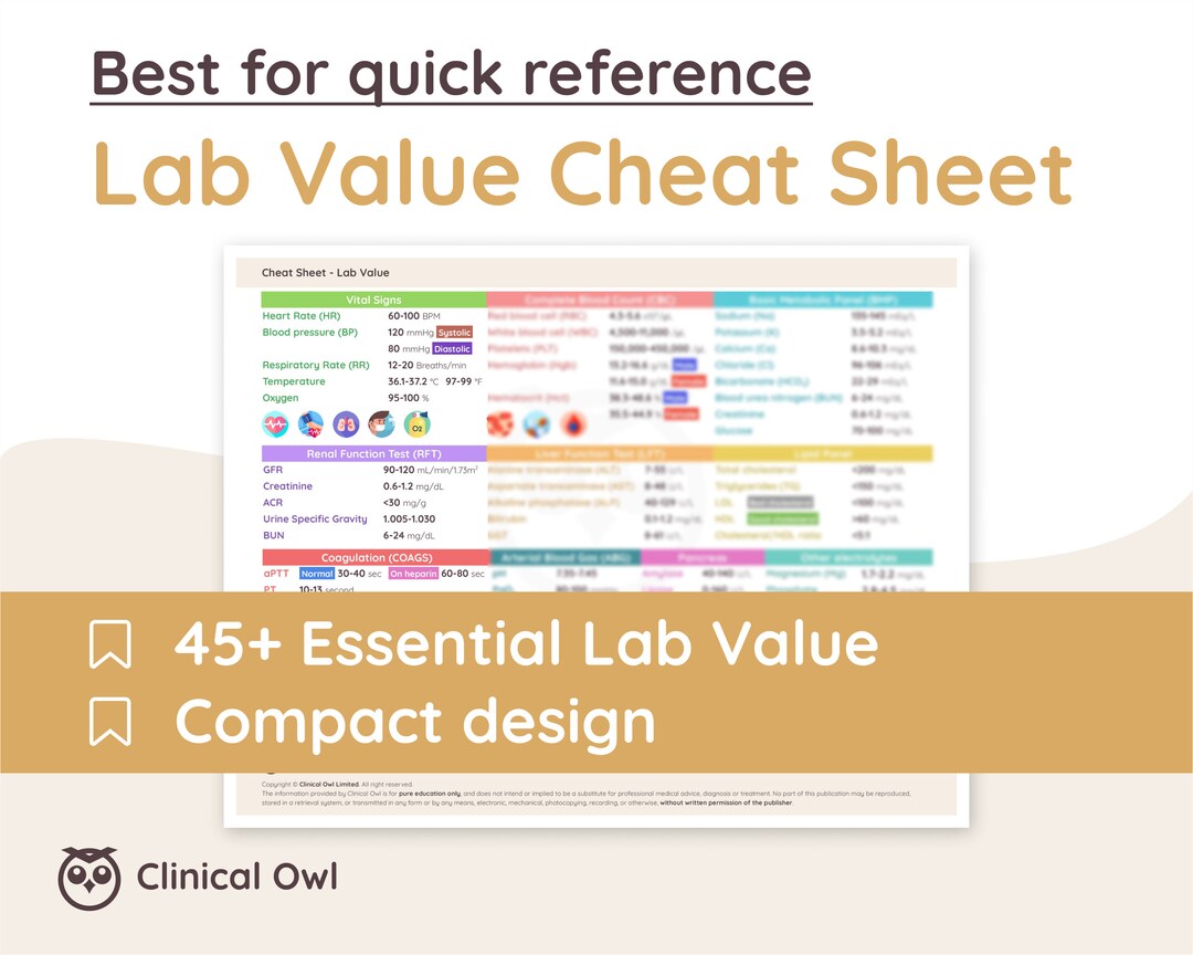 Lab Value Cheat Sheet Nursing Medical Pharmacy School 1 - Etsy