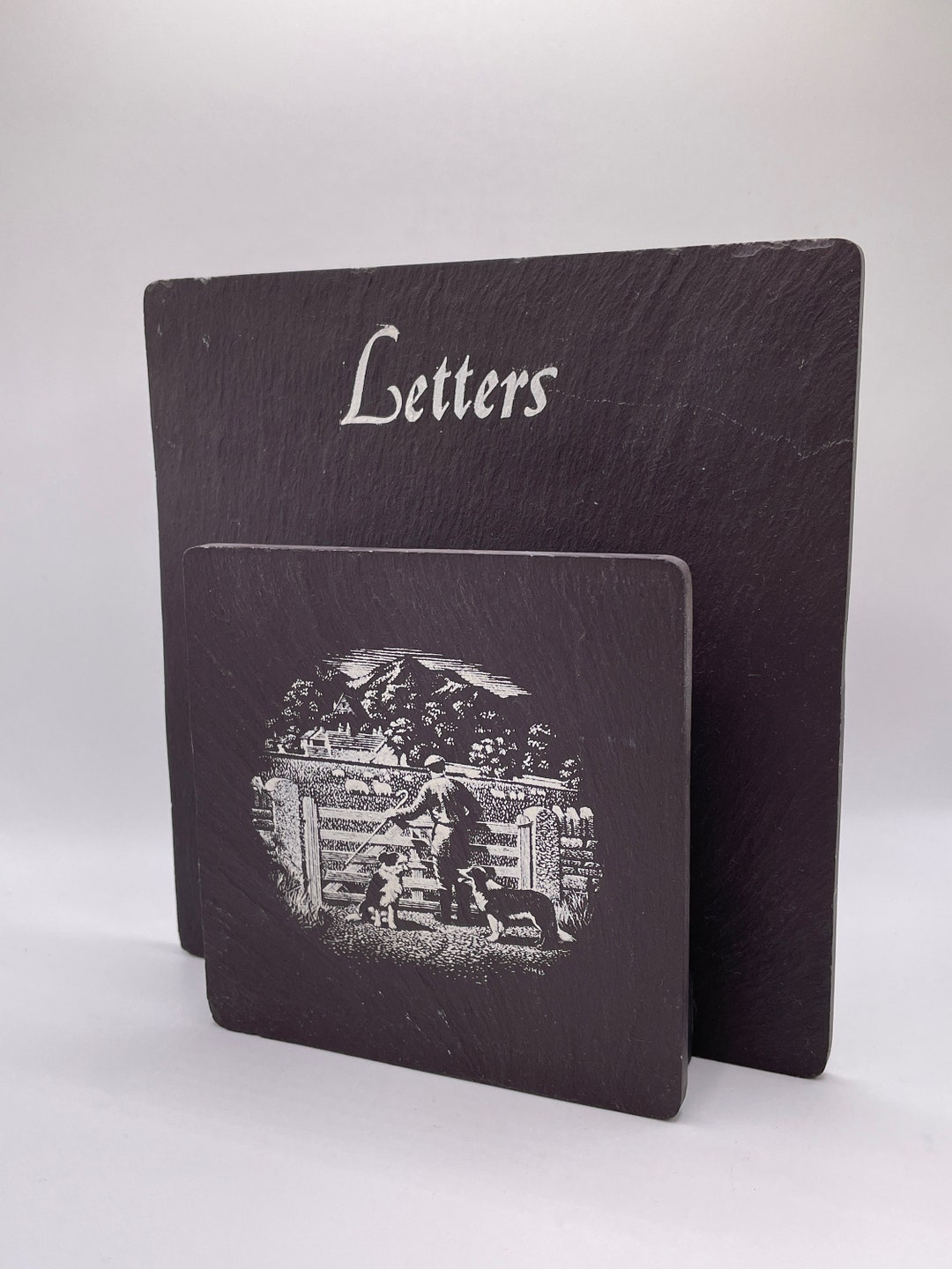 Vintage Slate Letter Rack. Letters. Countryside Farmer and Sheep Dogs ...