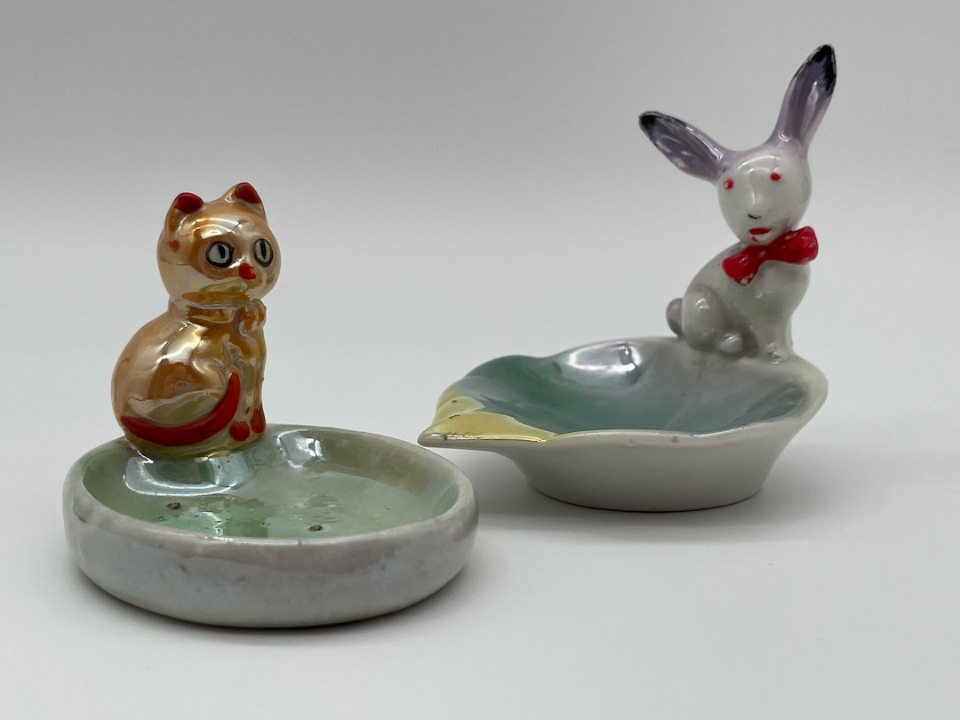 Vintage. Kitsch Little Trinket Dishes With a Cat and a Rabbit. - Etsy UK