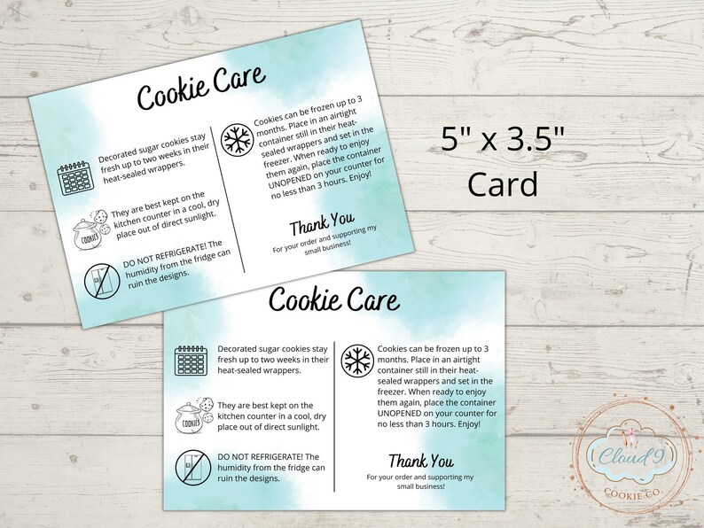 Cookie Care Card, Cookie Care Instructions, Bakery Care Guide, Biscuits ...