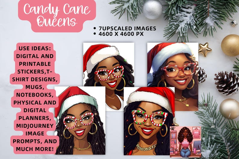 Candy Cane Queens Clipart African American Holiday Pngs Festive ...