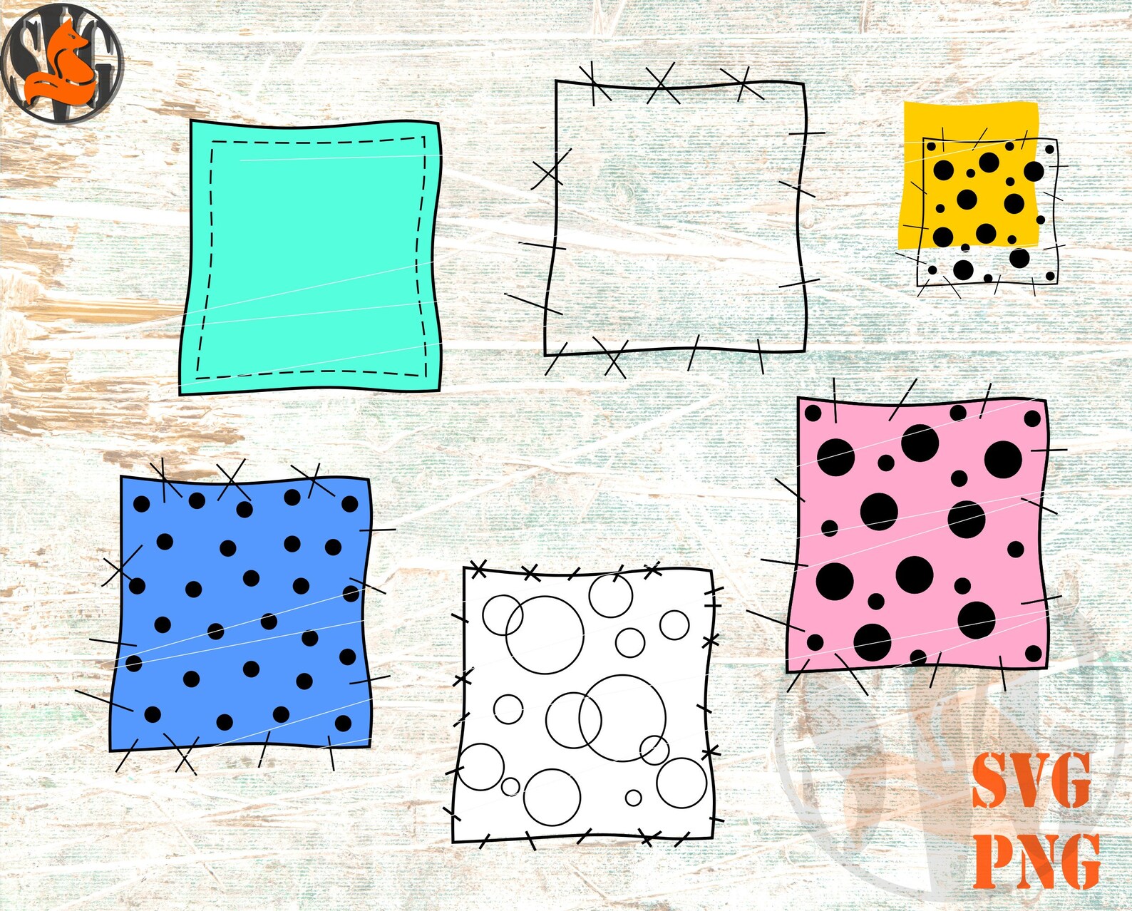 Fabric Patches SVG PNG: Hand Drawn Stitched Clip Art (digital Download ...