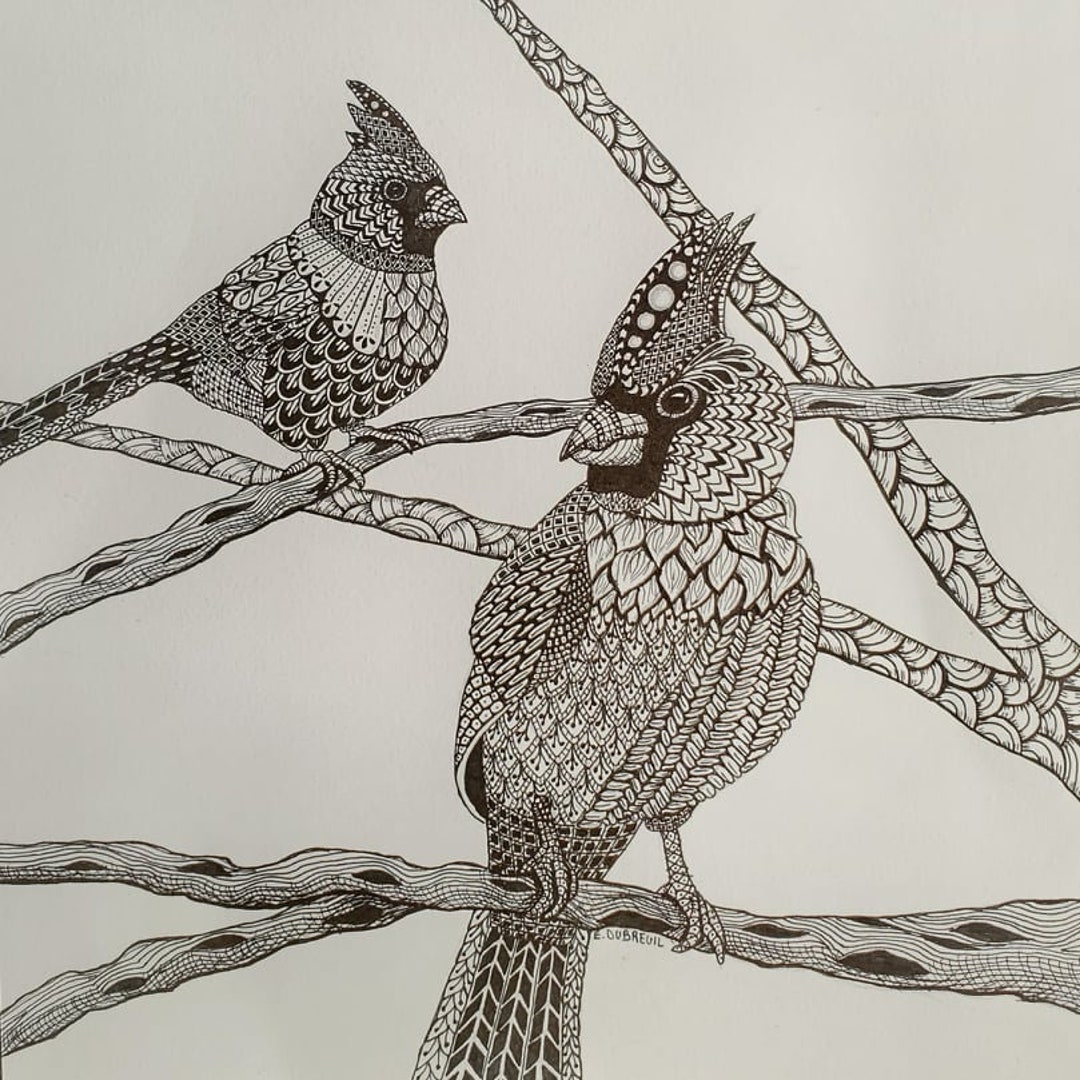 Cardinals in a Tree Zentangle - Etsy