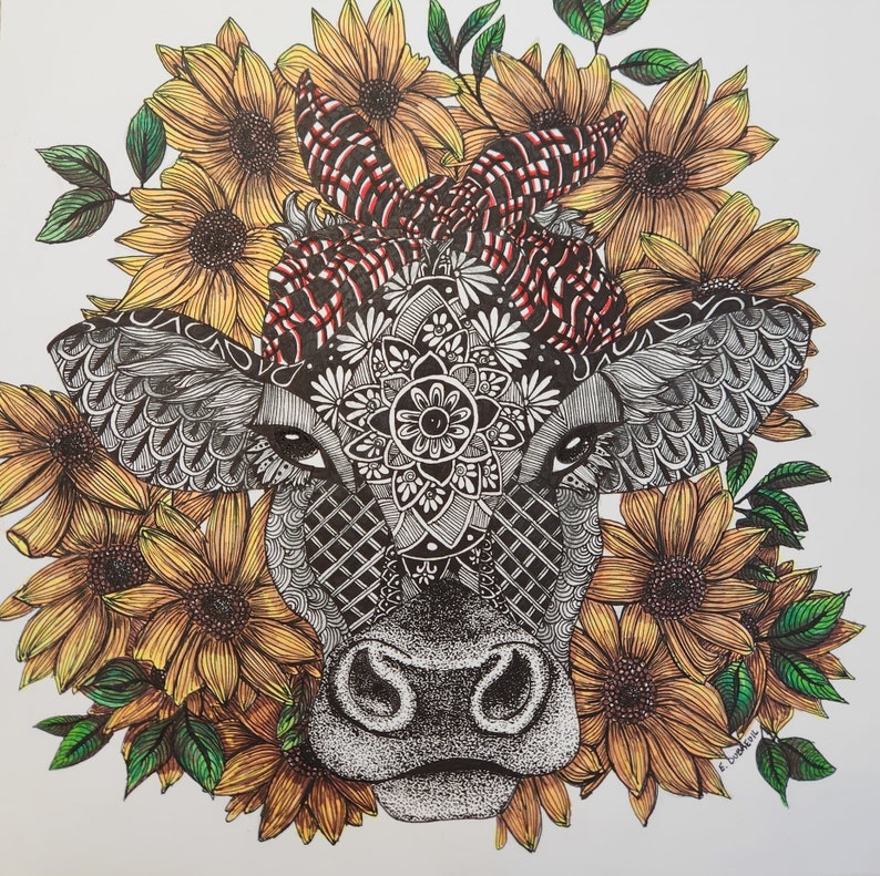 Zentangle Highland Cow With Sunflowers - Etsy